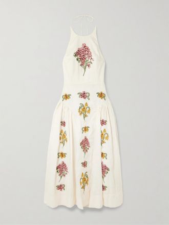 Agua Bendita Balsa Neckholder-midikleid Aus Leinen Mit Stickereien Und Kunstperlen - Wollwei&szlig;