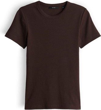 OPUS Kurzarmshirt Basicshirt aus Baumwoll Mix mit Muschelkante Schmale Passform, bogenf&ouml;rmige Spitzenborte