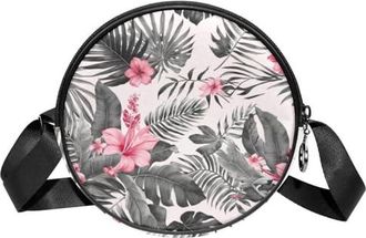 Generic Sac &agrave; bandouli&egrave;re rond pour femme, motif feuilles color&eacute;es, petit sac &agrave; bandouli&egrave;re avec fermeture &eacute;clair, bretelles r&eacute;glables, sac &agrave; main rond d&eacute;cont