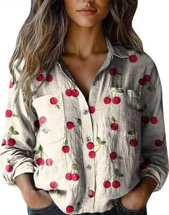 Generico Chemise Femme d&Eacute;t&eacute; &Eacute;l&eacute;gant Manches Longues Chemisier en Lin Coton Curvy Respirant T Shirt Col en V Mode Blouse Vintage Imprim&eacute; avec Boutons L&eacute;ger Chem