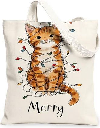 Generic Sac fourre-tout en toile avec motif chat joyeux, motif f&eacute;lin, r&eacute;utilisable, sac d&eacute;picerie r&eacute;utilisable, fantaisie, l&eacute;ger, lavable, taille S, blanc, 13