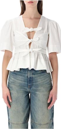 Ganni Femme, Blouses et Chemises, Blanc, Taille: 36 FR Blouse &agrave; sur le Devant en Coton D&eacute;lav&eacute;