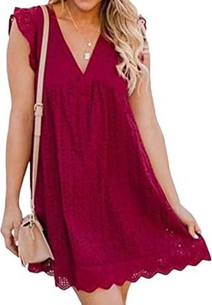 Onsoyours Robe DÉté pour Femmes Tenue Décontractée avec Short Intégré Élégante Col en V À Manches Volantées Creuse Dentelle Jacquard Couleur Unie Robe Ample ave