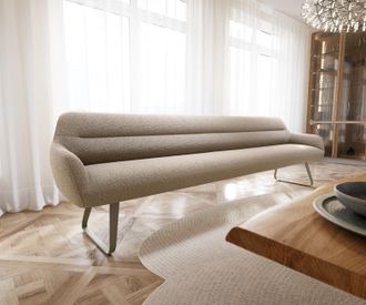 DELIFE Esszimmerbank Taya-Flex 300 cm Boucl&eacute; Schlamm Kufengestell flach Effektfinish Titan Taschenfederkern, B&auml;nke