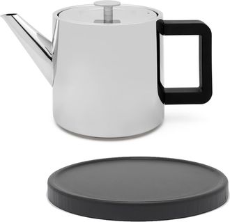 Bredemeijer kleine gl&auml;nzende Teekanne 1.1 Liter doppelwandig inkl. Tee-Filter & schwarzem Holz-Untersetzer - Kanne aus Edelstahl im norwegischen Design