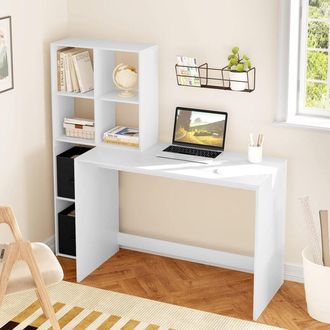 Woltu Schreibtisch Computertisch mit Stauraum Regal, B&uuml;rotisch mit 6 F&auml;chern 2 Vliesstoffboxen, f&uuml;r B&uuml;ro Home Office Arbeitszimmer, 140,5x134x50 cm, aus
