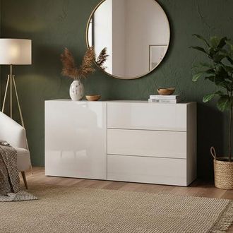 Dmora Kommode Enrico, K&uuml;chen-Sideboard mit 1 T&uuml;r und 3 Schubladen, Wohnzimmer-Buffet, K&uuml;chen-Sideboard, 100 % Made in Italy, 110 x 40 x 35 cm, gl&auml;nzendes We