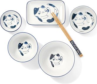 Coolchange Japanisches Katzen Essservice mit div. Sch&uuml;sseln, Teller & Essst&auml;bchen | Handgmalt mit s&uuml;&szlig;em Katzendekor | 6 tlg. | Sushi Set