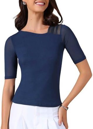 Allegra K T-Shirt Basique Extensible Femme &agrave; Manches Mi-Longues Couleur Unie, Coupe Slim, D&eacute;contract&eacute; et Moulant Marine S