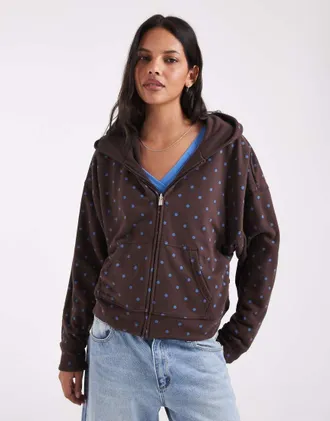Hollister sweat &agrave; capuche r&eacute;versible zipp&eacute; &agrave; pois marron