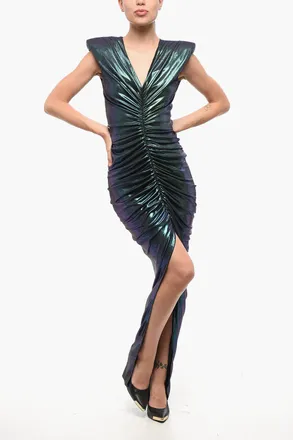 Balmain Long Draped Dress with Iridescent Effect and Front Slit Balmain