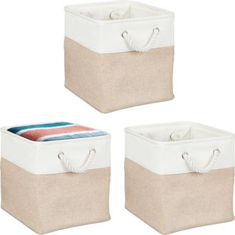 Relaxdays Aufbewahrungskorb, 3er Set, Leinen, mit Seilgriffen, Kleidung, Spielzeug, 28x28x28 cm, Regalkorb, beige/weiß