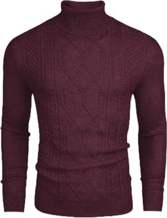 Coofandy Pull Homme Col Roul&eacute; Slim Fit Motif Torsad&eacute; Hiver Chaud Manches Longues Bordeaux XXXL