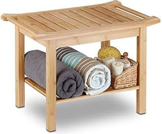 Relaxdays Badezimmer Bank Bambus, Sitzbank Bad, Ablage Badhocker Holz, HxBxT: 45 x 66 x 40 cm, Badezimmermöbel, natur