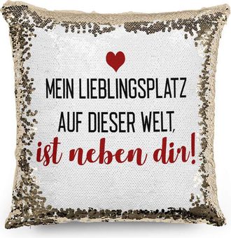 Tassendruck Pailletten-Kissen mit Spruch Mein Lieblingsplatz, ist neben dir - Rot - Verliebt/Liebe/Geschenk-Idee/Paar/Kissenbezug inkl. Kissenf&uuml;llung/Farbe: Gold