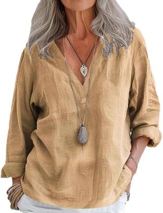 Onsoyours Chemisier élégant à col en V pour Femme Henley Chemisier Ample à Manches Enroulables Manches Longues Lâches Hauts Tuniques de Base T-Shirt Blouses A K