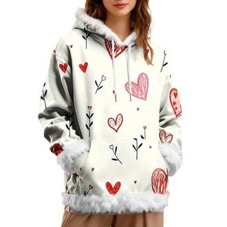 Generic Sweat &agrave; capuche en polaire pour femme | Imprim&eacute; coeur &agrave; manches longues Automne Hiver Confortable Hoody Tops, rose clair, 3XL