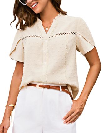 Grace Karin Damen Elegante Tunika Kurzarm V-Ausschnitt Knopfleiste Sommer Bluse Festliche Oberteile Beige XL