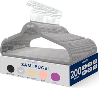SereneLife Samt Kleiderbügel Grau 200 Stück, Kleiderhaken Bügel 360° drehbarer Haken, Bügel rutschfest & Platzsparend für Kleideraufbewahrung & Organisation in d