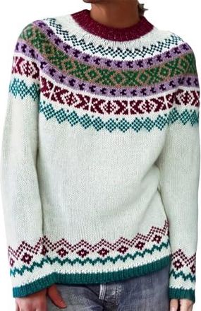 Generic Pull Fairisle pour femme - Grande taille - Pull tendance à manches longues et col rond - En tricot festif - Pour lhiver et les vacances, ZA-White, 4XL