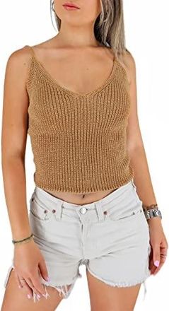 JOPHY & CO. Top court pour femme avec col en V aux épaules étroites en coton élastique (cod. 1501), Camel, L