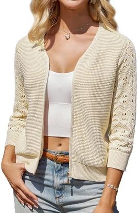 Grace Karin Cardigan court en dentelle patchwork manches 3/4 avec fermeture éclair pour femme, abricot, L