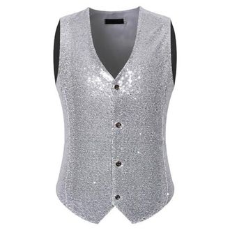 Generic Gilet court &agrave; paillettes pour homme, gilet confortable uni de qualit&eacute; sup&eacute;rieure et luxueux, &agrave; simple boutonnage et coupe ajust&eacute;e, gilets tendance &agrave; p