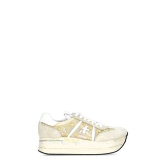 Premiata Femme, Chaussures, Beige, Taille: 36 EU Baskets Beige Blanches Bout Rond Lacets