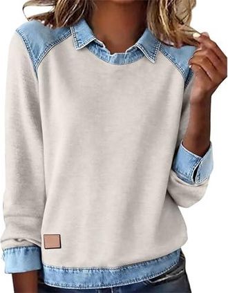 Generic Pull Femme Denim Patchwork Sweatshirt Femme Sans Capuche Manches Longues Col Revers Tee Tops Casual Mode T-shirt &agrave; Manches Longues Chemisier Contraste