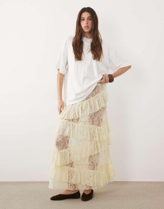 Miss Selfridge Jupe longue en dentelle &agrave; volants-Blanc