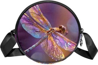 Generic Sac &agrave; bandouli&egrave;re rond rond pour femme, motif libellule &eacute;tincelante avec fermeture &eacute;clair, bretelles r&eacute;glables, style d&eacute;contract&eacute;