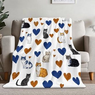 Generic Couverture Polaire Couleur R&eacute;versible Anti-Pilling et Douce - Taille 150 x 200 cm Gris pour Lit et Canap&eacute; - pour Toute la Famille, Amour Bleu Chats D&eacute;