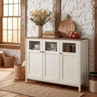Vasagle Buffet de Rangement Industriel, Armoire 3 Portes avec Cadre en Acier, pour Cuisine, Salon, Entr&eacute;e, Marron et Blanc