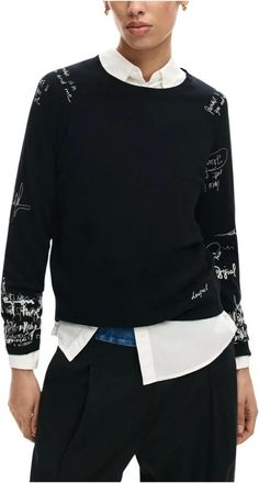 Desigual Femme, Pulls, Noir, Taille: 44 FR Printed Long Sleeve Round Neck Tricots