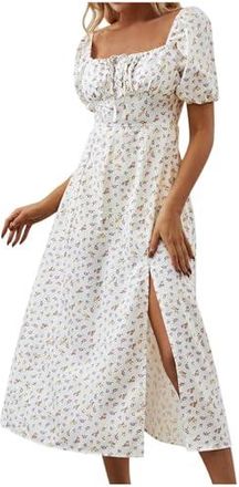 Generic Robes amincissantes d&eacute;t&eacute; 2026 pour femmes, imprim&eacute; floral, coupe ajust&eacute;e, col carr&eacute;, ourlet fendu, robe boh&egrave;me l&eacute;g&egrave;re, blanc, 3XL