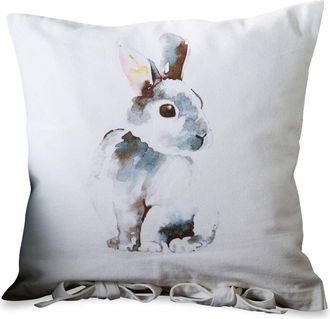 Loberon Kissenhülle Rabbit, Zauberhafter Aquarell-Druck, Kissenbezug mit Hasenmotiv, mit Zwei Bindebändern, Ostertextilien, Ostern, Osterdeko, Baumwolle, weiß