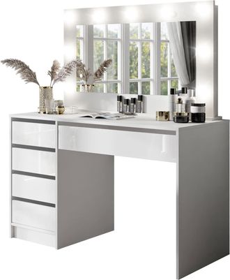 Lukmebel MADA - Schminktisch mit Spiegel - Schminkspiegel mit Beleuchtung - Schubladen - Weiß Hochglanz (Make Up Tisch, Frisiertisch, Kosmetiktisch, Vanity Tab