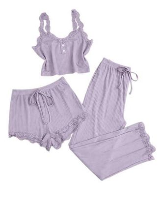 Minetom Ensemble de Pyjama Femme 3 Pi&egrave;ces &Eacute;t&eacute; sans Manches D&eacute;bardeur et Pantalon et Short Dentelle V&ecirc;tements de Nuit A Violet XS