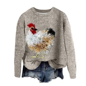 Generic Pull de Noel Femme Moche Pull Noel Drole Sweatshirt sans Capuche a Col Rond Et Imprimé Chien en Grosse Maille 3D Collection Noël 2025 Haut en Grosse M