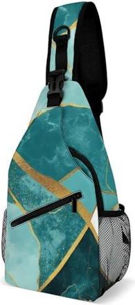 Generic Léger Sacoche Tactique Texture luxueuse en marbre bleu sarcelle et paillettes dorées Sac De Poitrine Réglable,Multifonction Crossbody Bag pour Voyage 