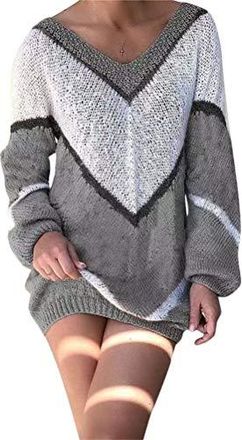 Onsoyours Pull Femme Hiver Grande Taille Tops Col V Rayures Manches Longues Tunique Robe Tricot&eacute; Chandail Chaud Pullover Sweater Top Blouse Gris 48