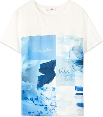 Oltre Femme, Tops, Bleu, Taille: 46 FR T-shirt avec empi&egrave;cement en satin imprim&eacute;