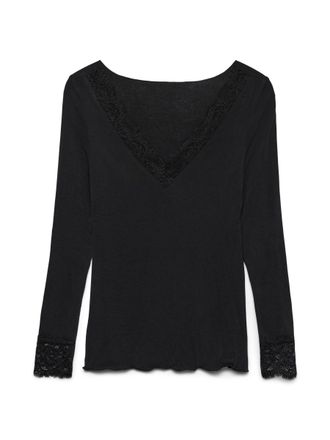 Vero Moda Damen Vmskye Ls V-Neck Lace Top JRS Noos, Black, Medium