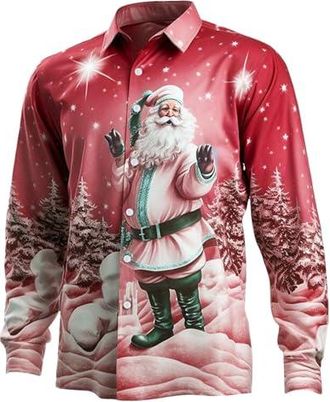 Generic Chemise de No&euml;l Homme Manches Longues, T Shirt Moche Homme Imprim&eacute; 3D Drole P&egrave;re No&euml;l Col Rabattable Slim Fit Christmas Pull Moche De Noel Button Down
