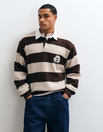 Cotton On kastiges Rugby-Polo mit markantem Streifenmuster in Mokka-Multi