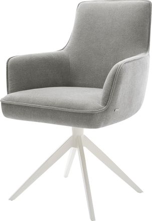 DELIFE Esszimmerstuhl Heira-Flex mit Armlehnen Kreuzgestell breit Wei&szlig; Strukturstoff Soft Grau 360&deg; drehbar Wippfunktion Taschenfederkern