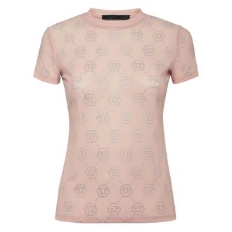 Philipp Plein Femme, Tops, Rose, Taille: 36 FR T-Shirt Pure Monogram Strass