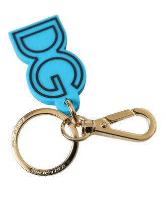 Dolce & Gabbana Womens Blue Rubber Gold Tone Metal Dg Logo Keyring Keychain Black And Zamak Pvc Steel Brass Accessory