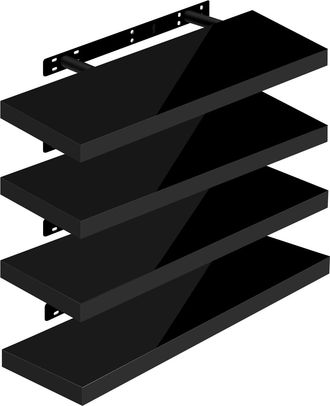 Woltu Wandregal Hochglanz Schwarz 4er Set Schweberegal,70x22.9x3.8 cm, Regal freischwebend, Galeriedisplay, Wanddeko für Wohnzimmer Schlafzimmer Küche, MDF,