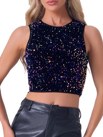 Allegra K Damen Pailletten Tops U-Ausschnitt &Auml;rmellos Glitzernd Glitzer Club Party Ausgehen Weste Tanktop Blau Lila L